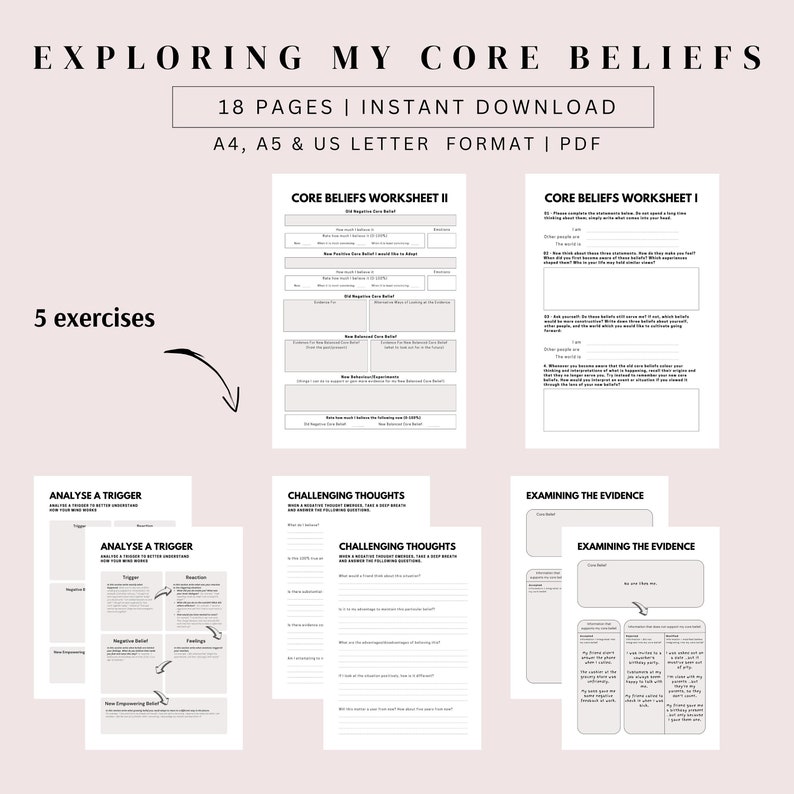 Core Beliefs Worksheets Identify Core Beliefs Self Discovery Challenge Your Thoughts Mental