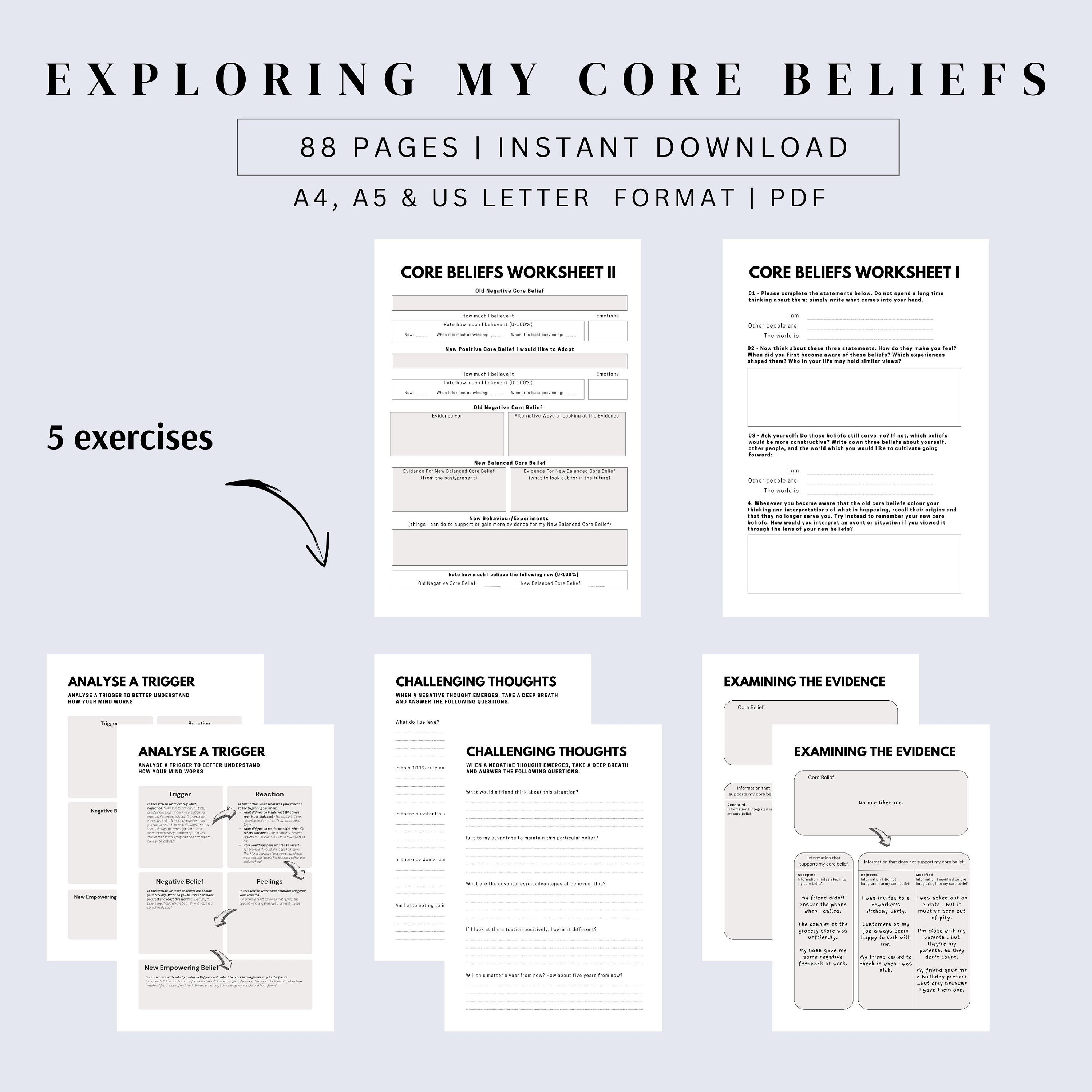 Discover Your Core Beliefs Workbook, Identify Core Beliefs Worksheets, Self Discovery, Challenge ...