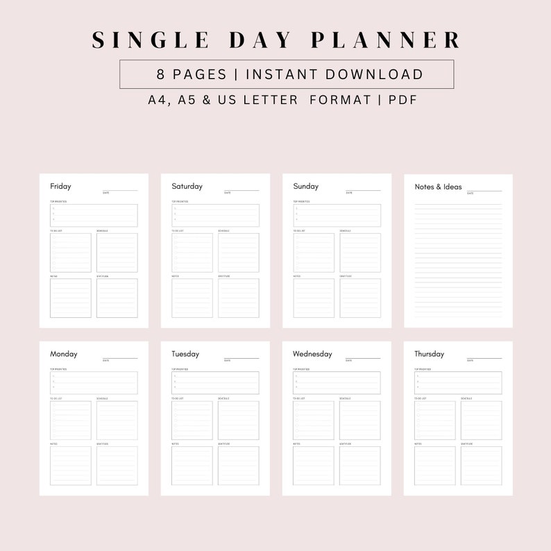 Printable Day Planner, Monday to Sunday Single Page Daily Planner ...