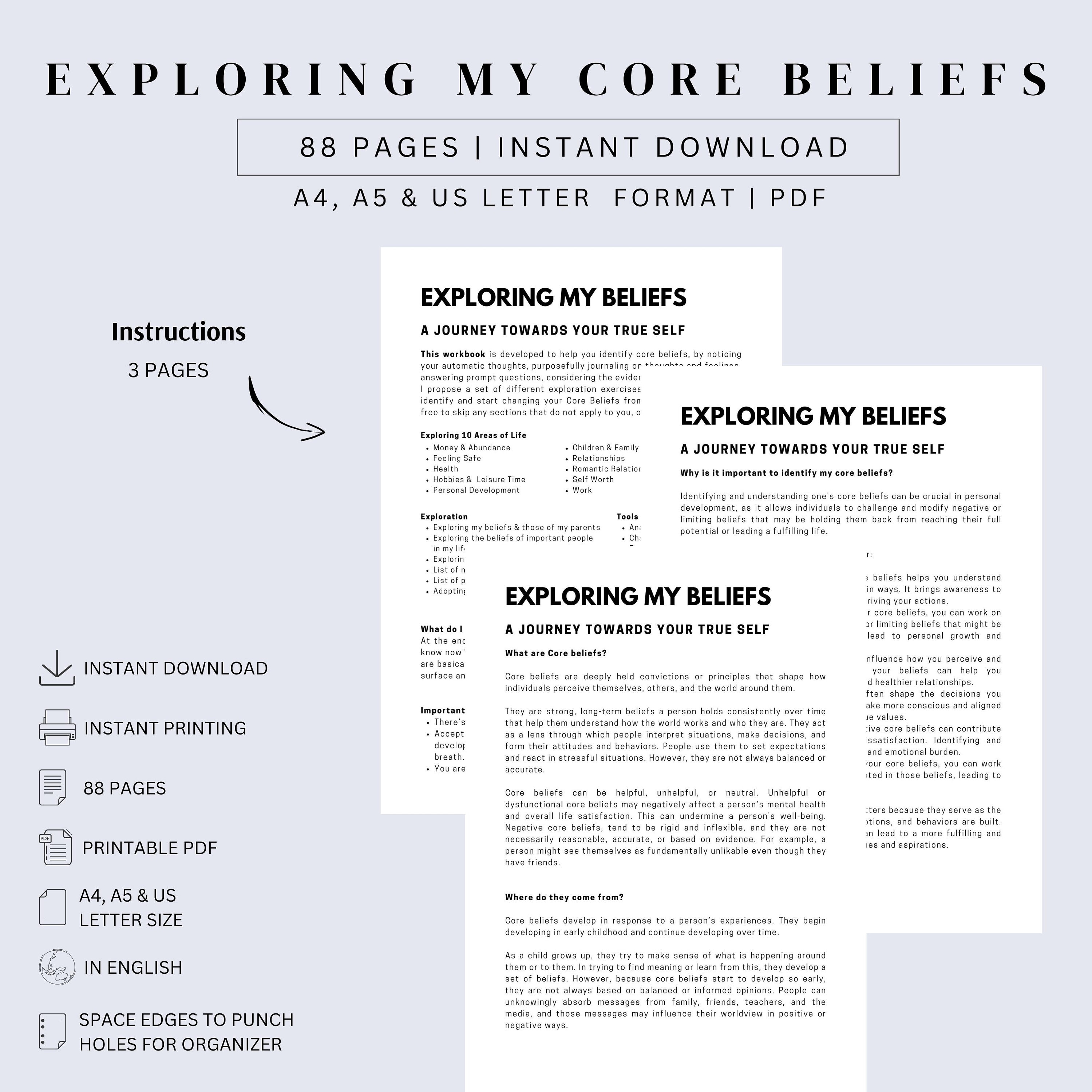 Discover Your Core Beliefs Workbook, Identify Core Beliefs Worksheets ...