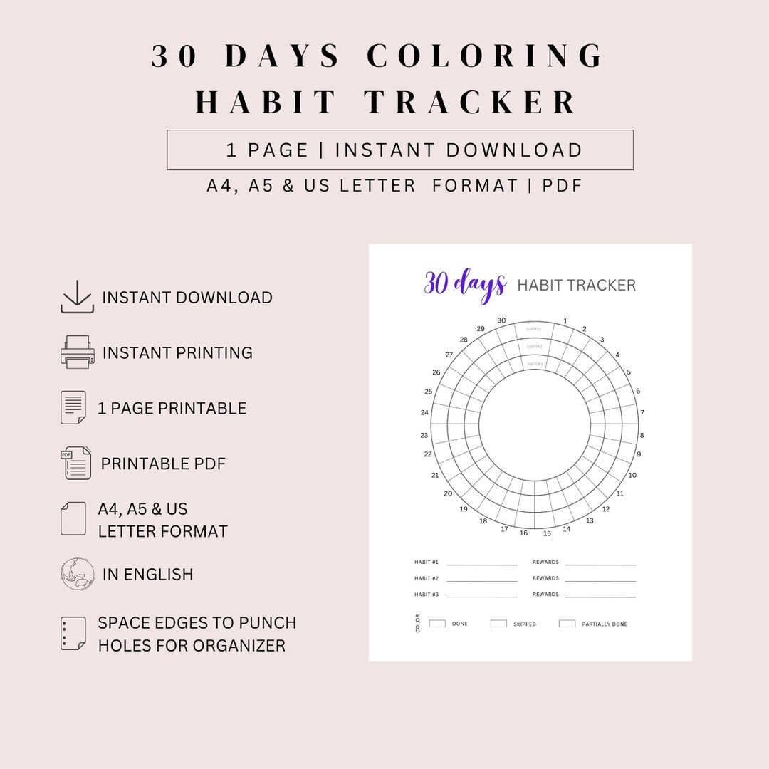 Habit Tracker Printable, Routine Tracker, 30 Day Coloring Challenge ...