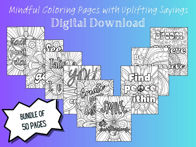 Bundle of 50 Mindful Coloring Pages - Digital Download - Print at Home ...