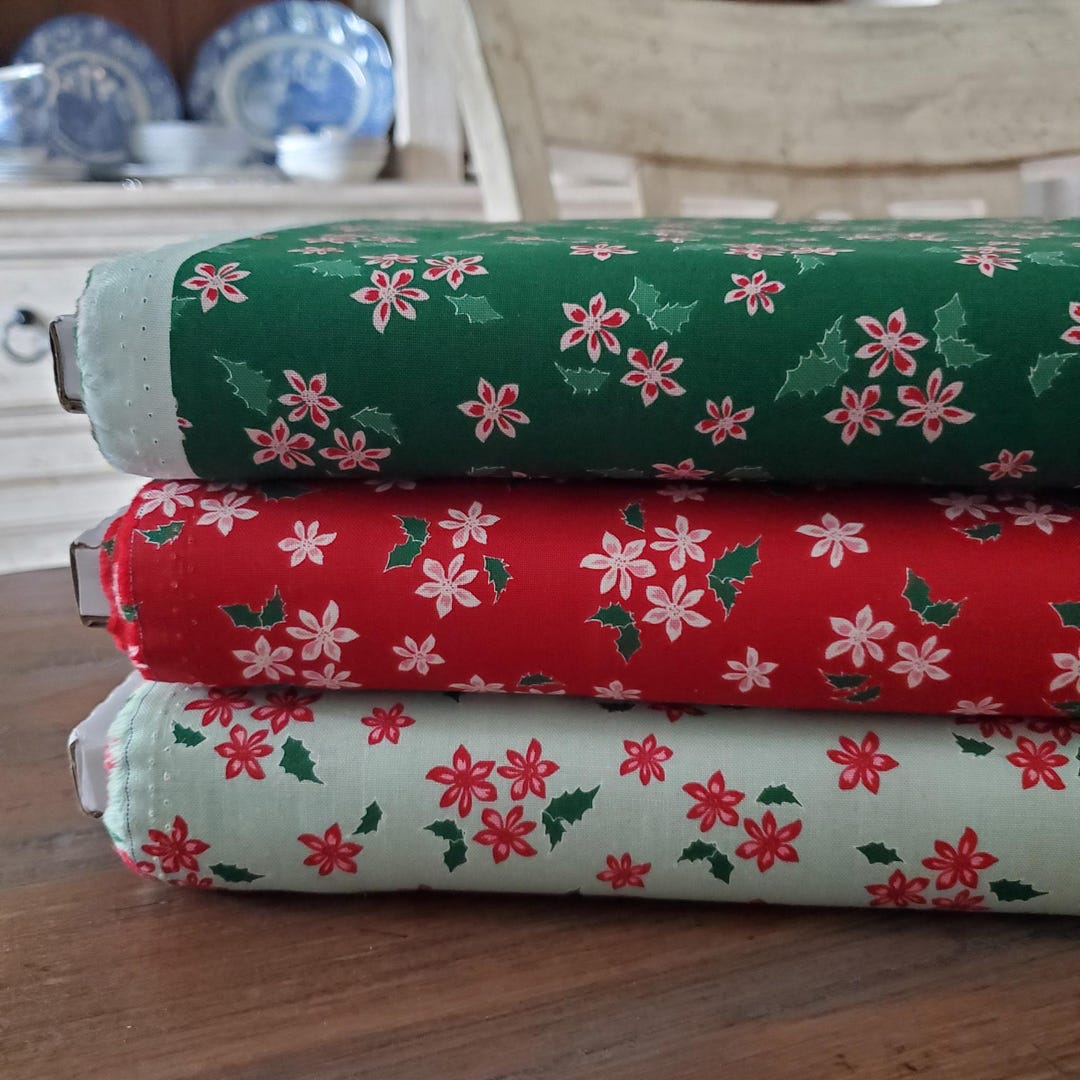 Mistletoe and Holly Fabric - Floral Yardage - Forest/barn Red/sage ...