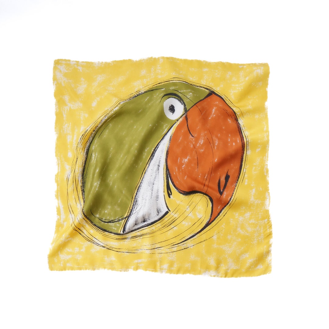 Yellow Vintage Scarf Large Bird Print Scarf 23 Square Vintage Parrot ...