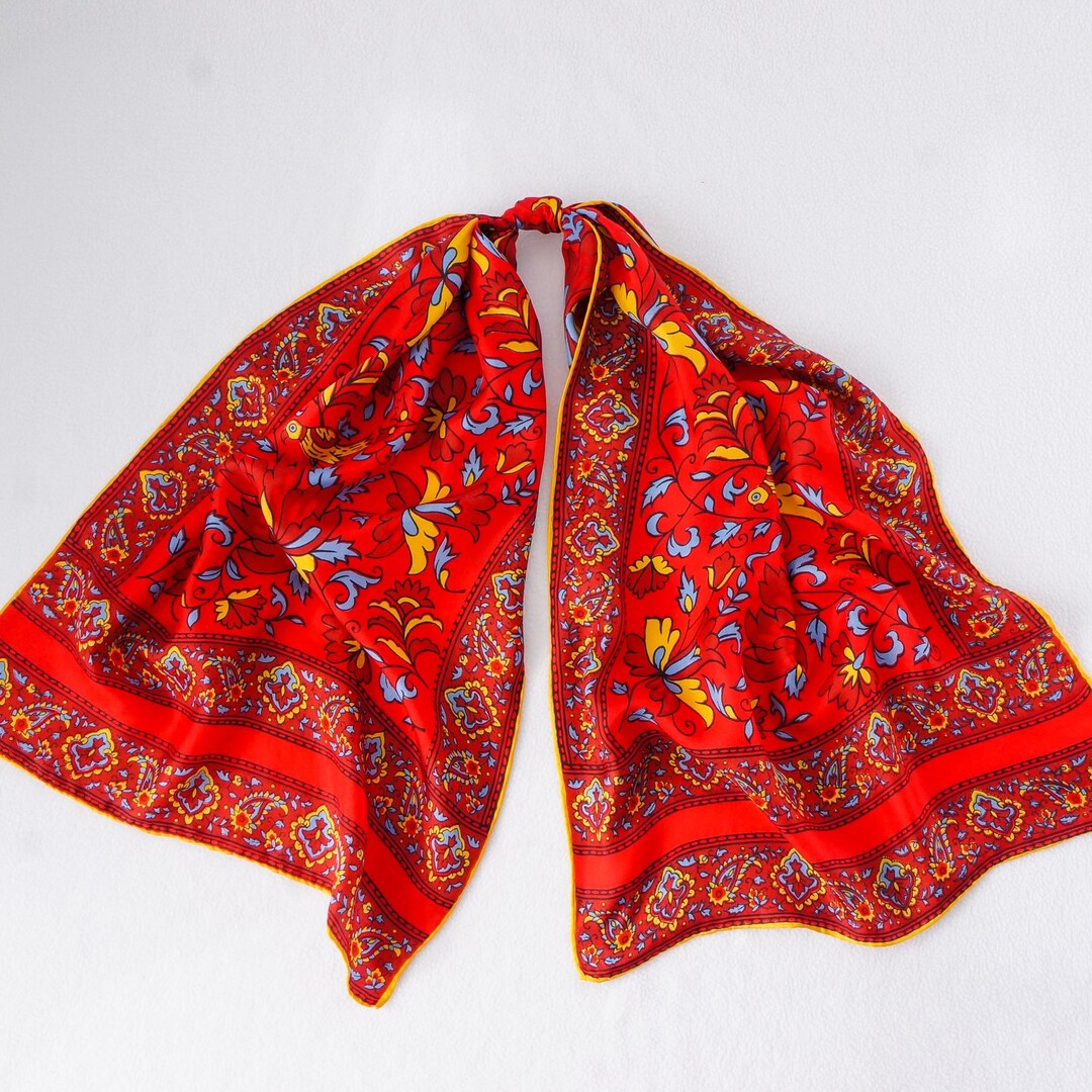 Vintage Silk Scarf Red Floral Bird Print Scarf Long Rectangle Scarf ...