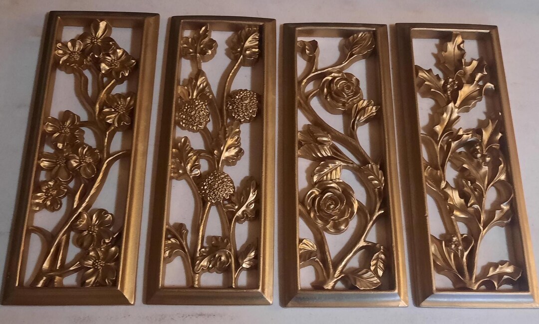 Vintage Set of Four Rectangle Gold Gilded Wall Plaques Seasons Flowers ...
