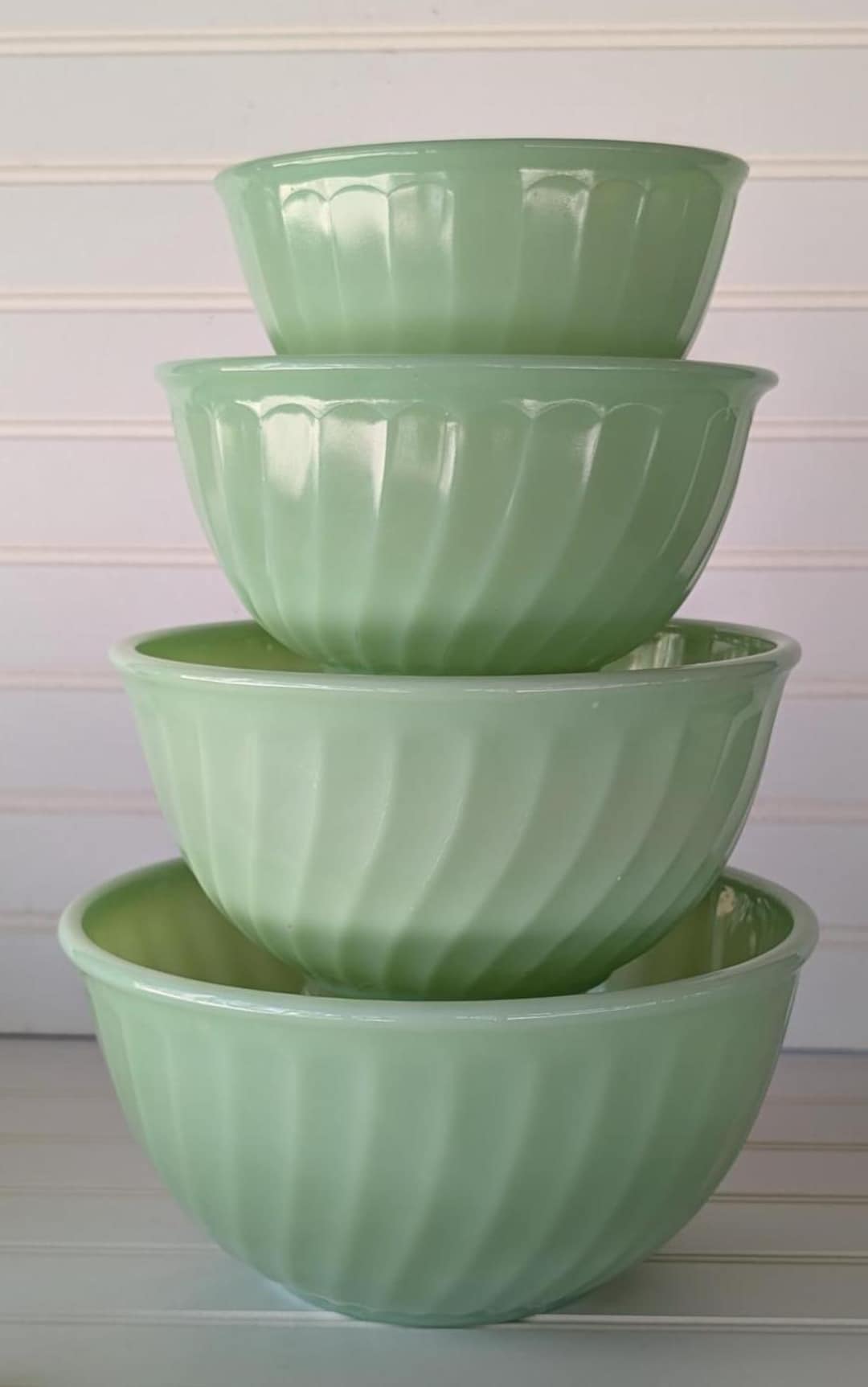 Vintage Fire King Jadeite Swirl Mixing Bowl Set of 4 Stacking Bowls Fire King Oven Ware Made in ...