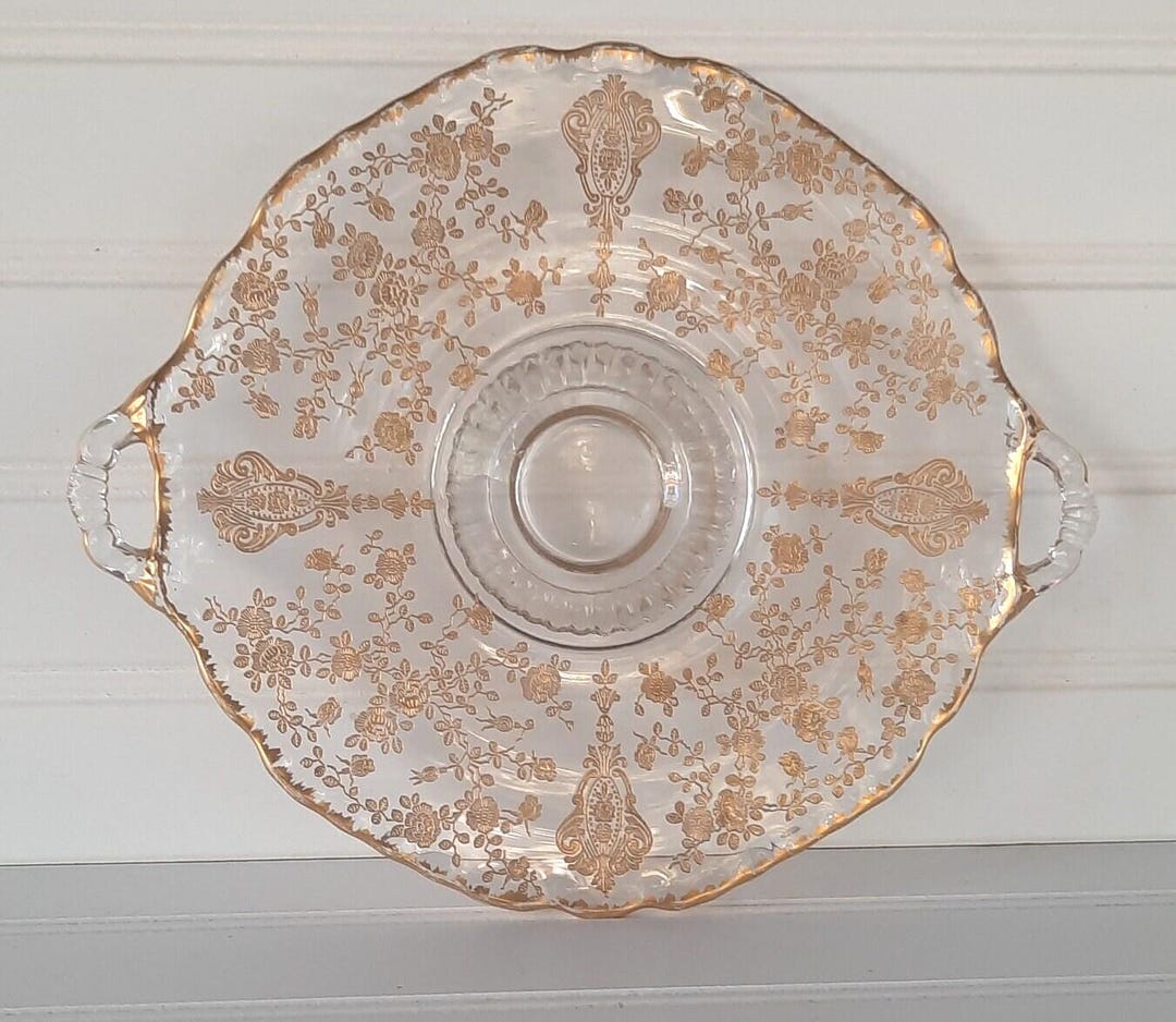 Vintage Cambridge Rose Point Plate: Gold Encrusted Glass, 8" Footed - Etsy
