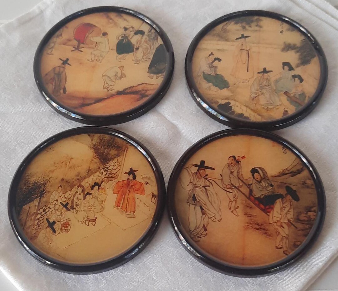 Vintage Formic Collection SET OF 4 Round Coasters Shin Yoon Bok Korean ...
