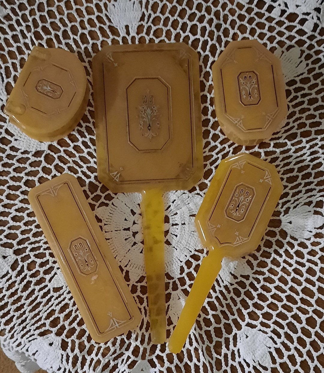 Vintage Bakelite Art Deco Yellow Celluloid Vanity Set,vintage Vanity - Etsy