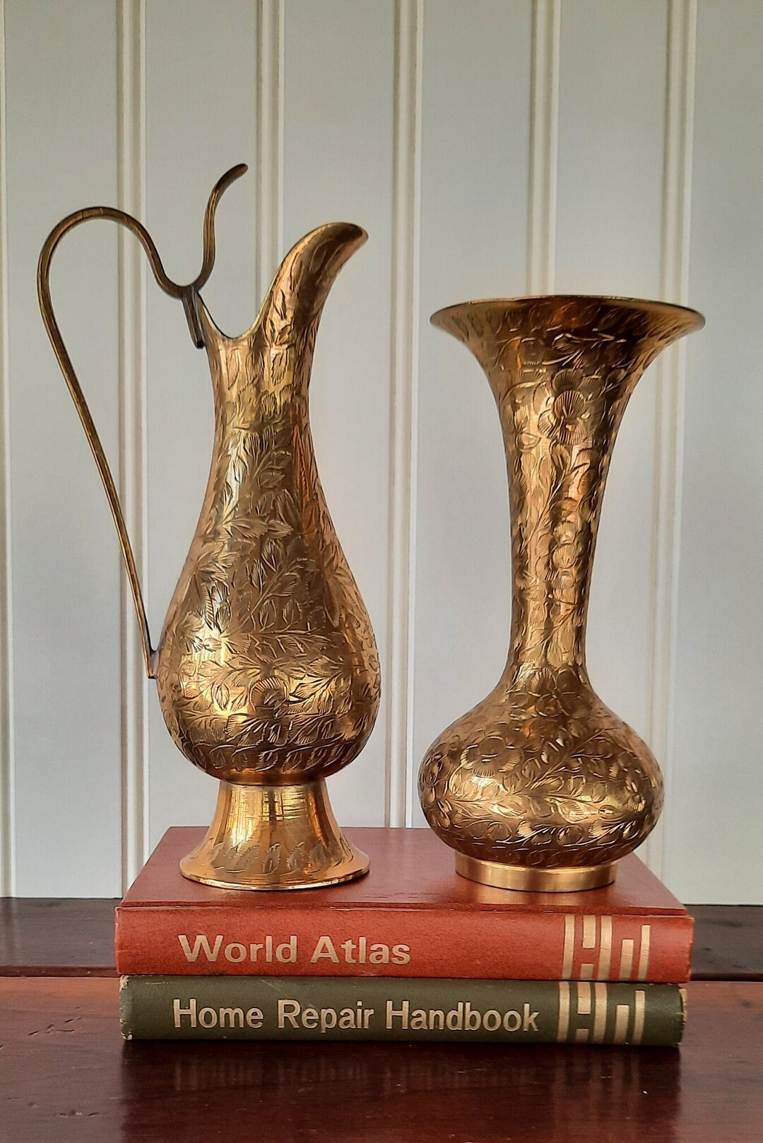 Pair of Vintage Brass Etched Vase-gold Brass Vase-elegant Brass Decor ...