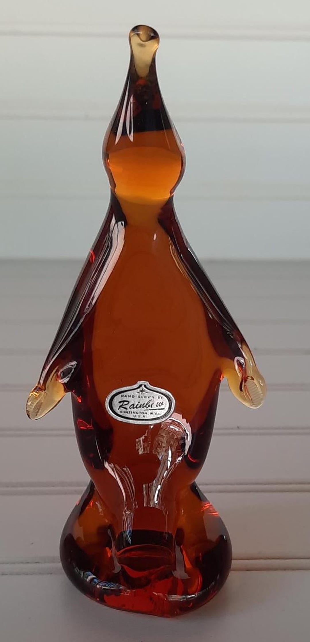 Hand Blown Rainbow Art Glass Penguin Figurine, Amber Glass Penguin Made ...