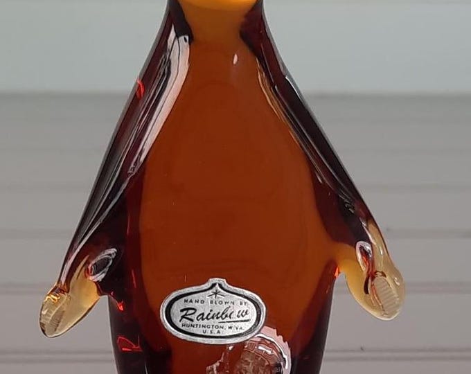 Hand Blown Rainbow Art Glass Penguin Figurine, Amber Glass Penguin Made ...
