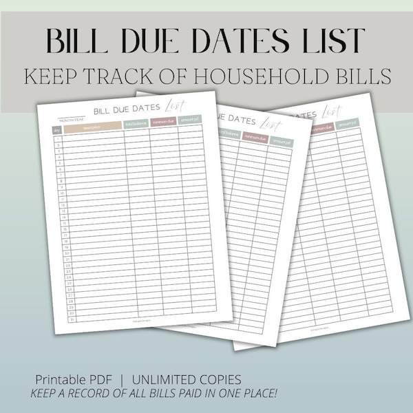 Printable Bill List - Etsy