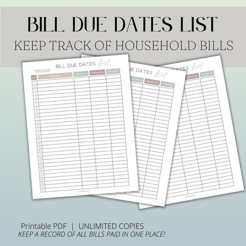 Bill Due Dates Tracker, Printable Bill Organizer (PDF) - Etsy