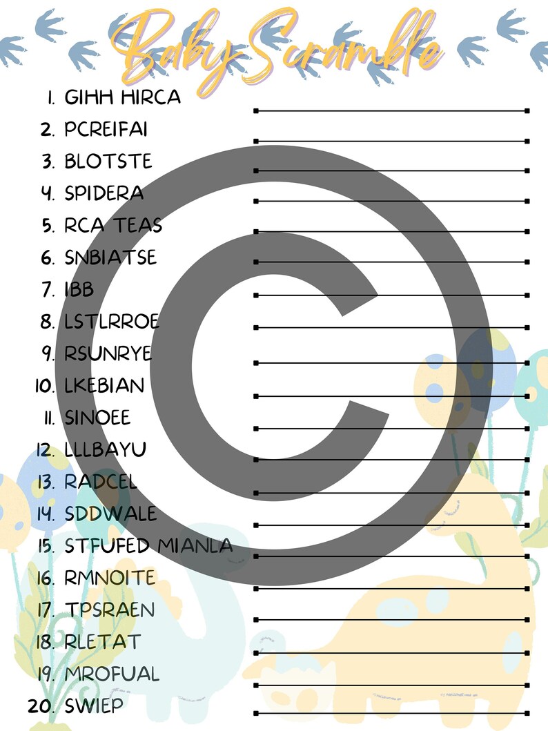 Baby Shower Game, Word Scramble, Dinosaur Theme, Blue/pink, Boy/girl ...
