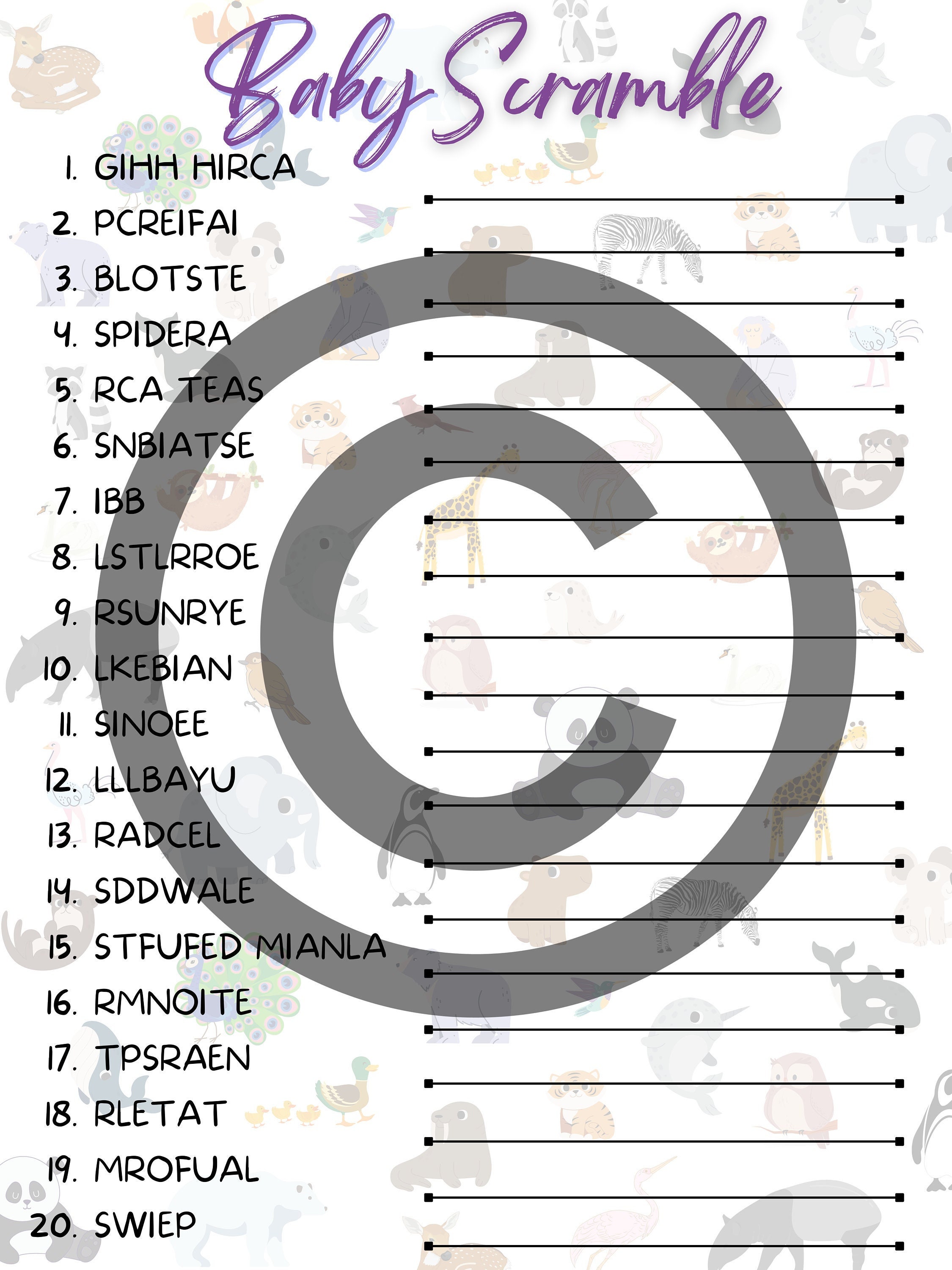 Baby Shower Game, Word Scramble, Zoo/animal Theme, Boy/girl/gender ...