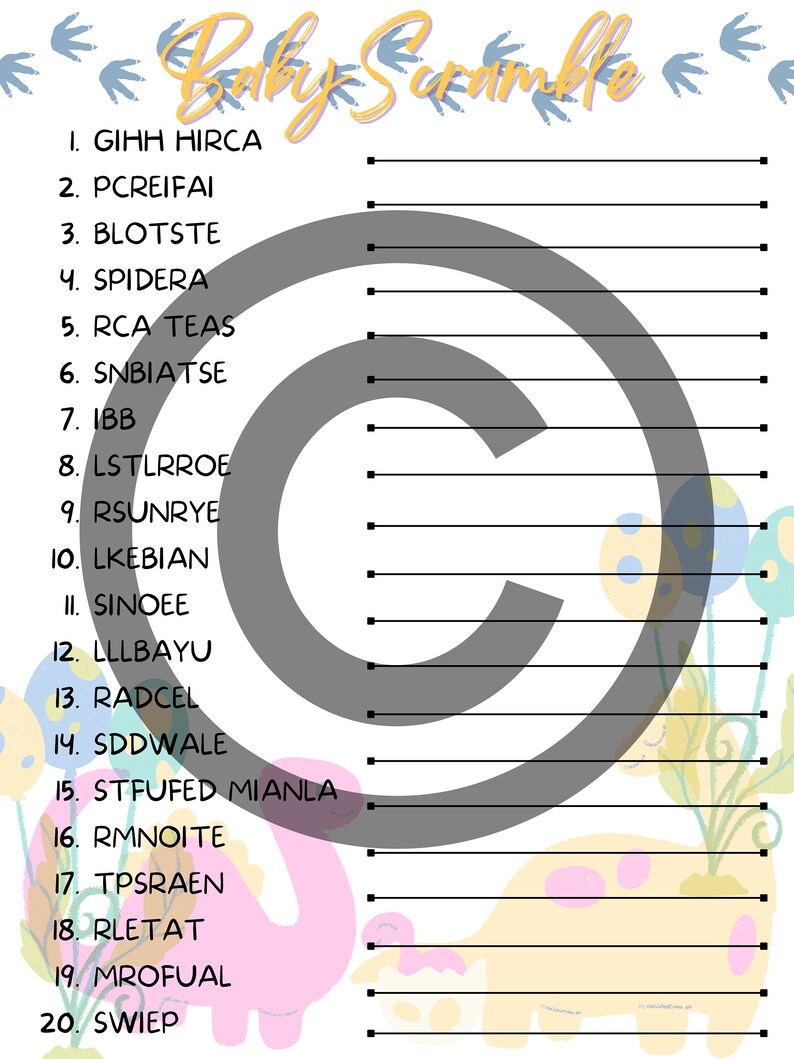 Baby Shower Game, Word Scramble, Dinosaur Theme, Blue/pink, Boy/girl ...