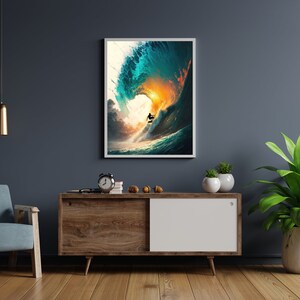 Printable Surf Poster of a Giant Wave | Digital Surf Art, Surfer ...