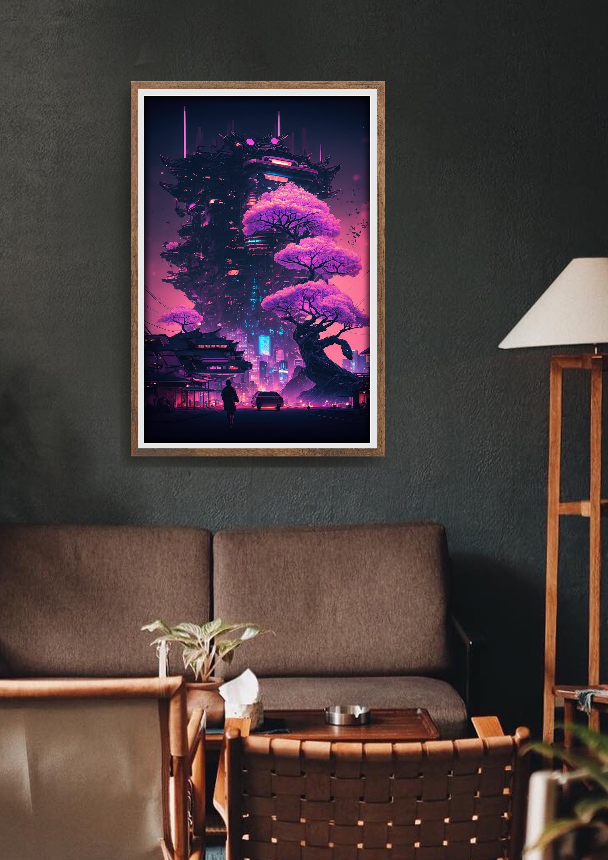 Cyberpunk Synthwave City With Cherry Blossom - Futuristic Sakura Poster ...