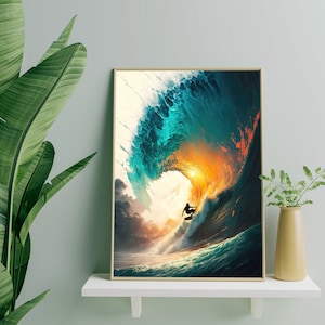 Printable Surf Poster of a Giant Wave | Digital Surf Art, Surfer ...