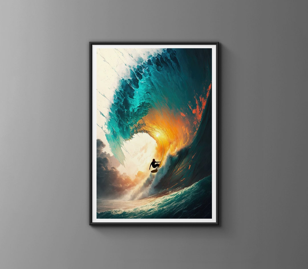 Printable Surf Poster of a Giant Wave | Digital Surf Art, Surfer ...
