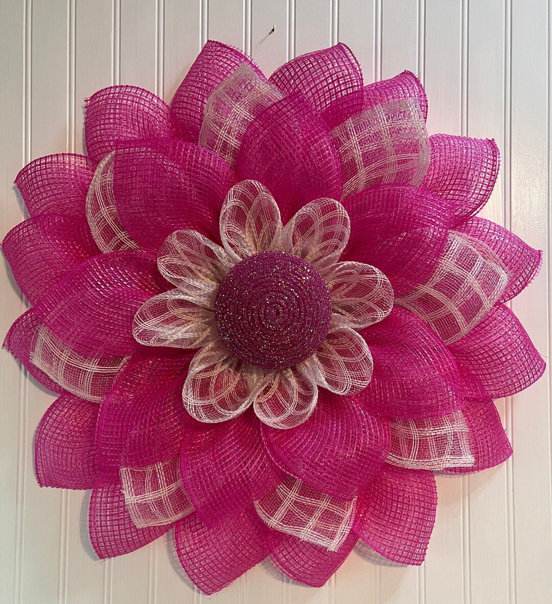 Hot Pink and Cream Flower Wreath With Glittery Center. Beautiful Wall ...