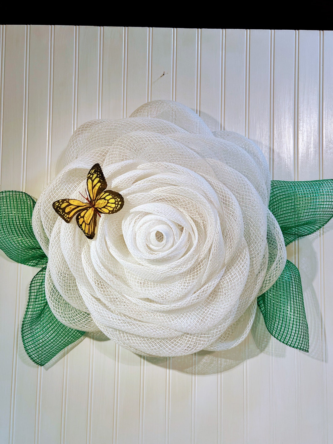 White Rose Wreath. Embellished With Butterfly. Darker Green Leaves ...
