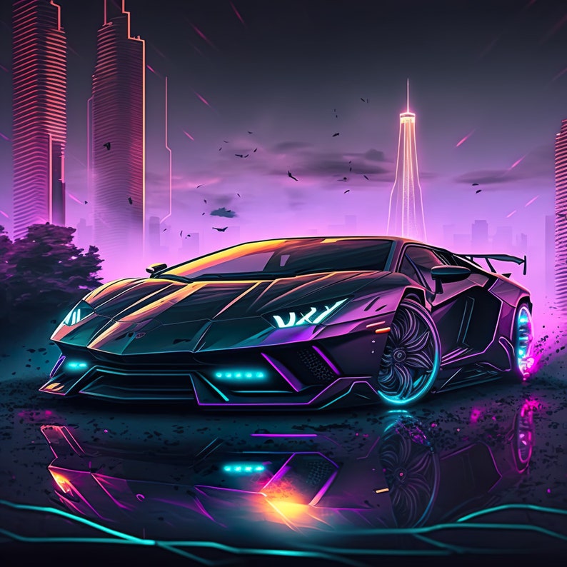 Neon Lamborghini in the City Wall Art - Etsy