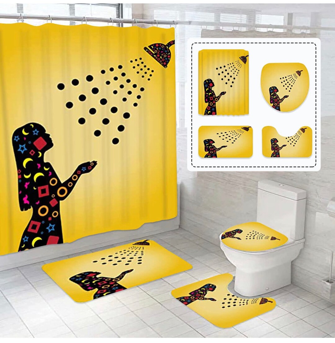 Afro Lady Shower Curtain Set – Yellow Bathroom Decor, 4 Pcs - Etsy