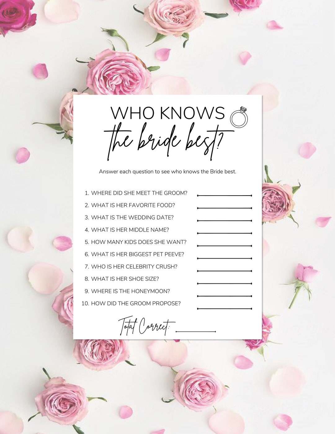 Printable Bridal Shower Games Who Knows the Bride Best Minimalist ...