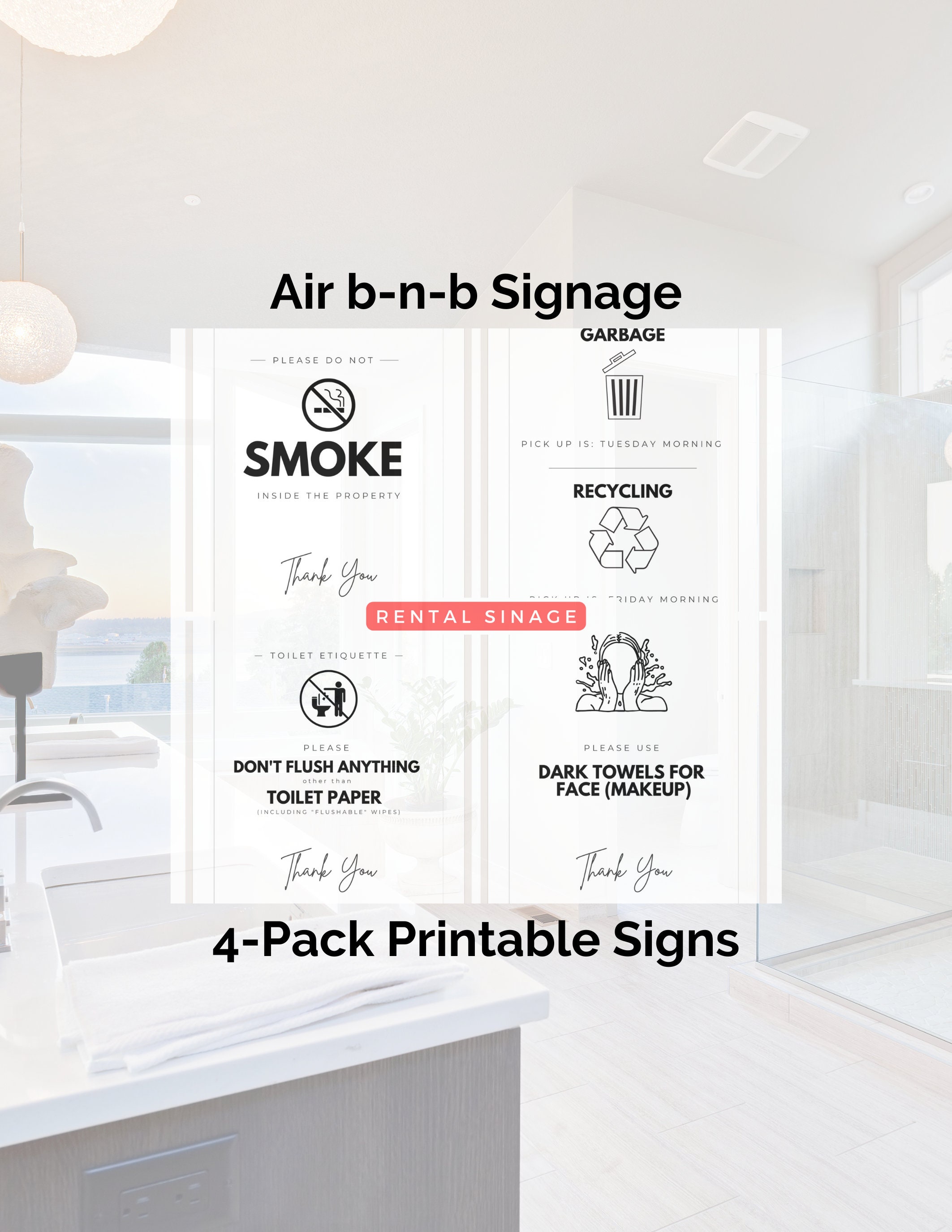 Signage 4-pack for Air B-n-b, VRBO or Business: No Smoking, Face Towels ...