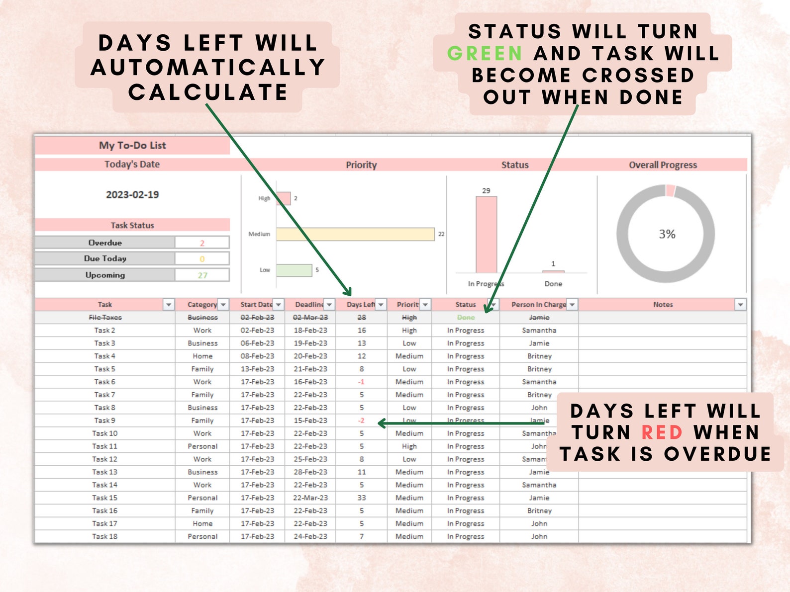 Excel to Do List Template Task Planner Spreadsheet Checklist Template ...