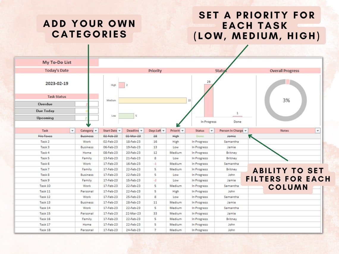 Excel to Do List Template | Task Planner Spreadsheet | Checklist ...