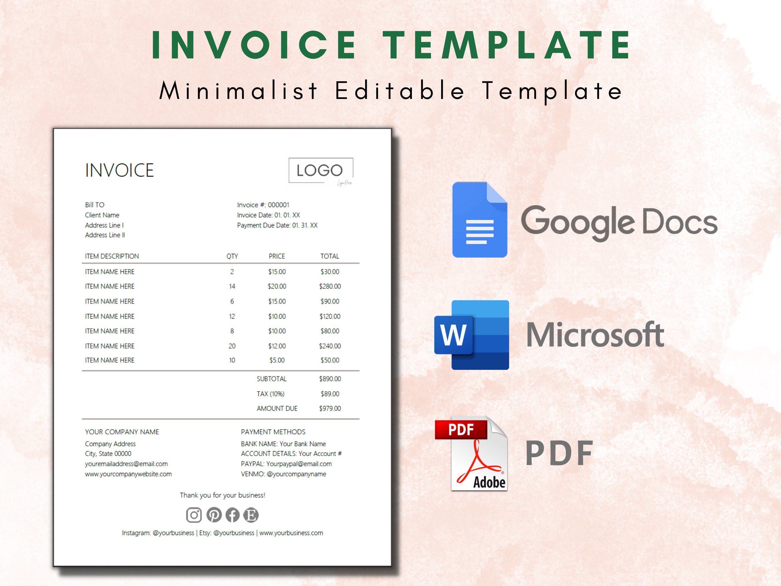 Minimalist Invoice Template Small Business Modern Invoice Editable ...