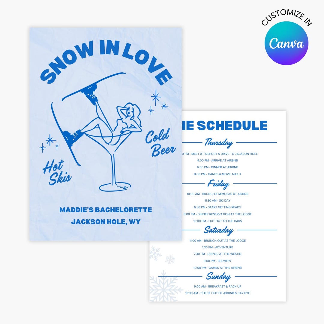 Snow in Love Bachelorette Invitation Schedule Template, Winter ...
