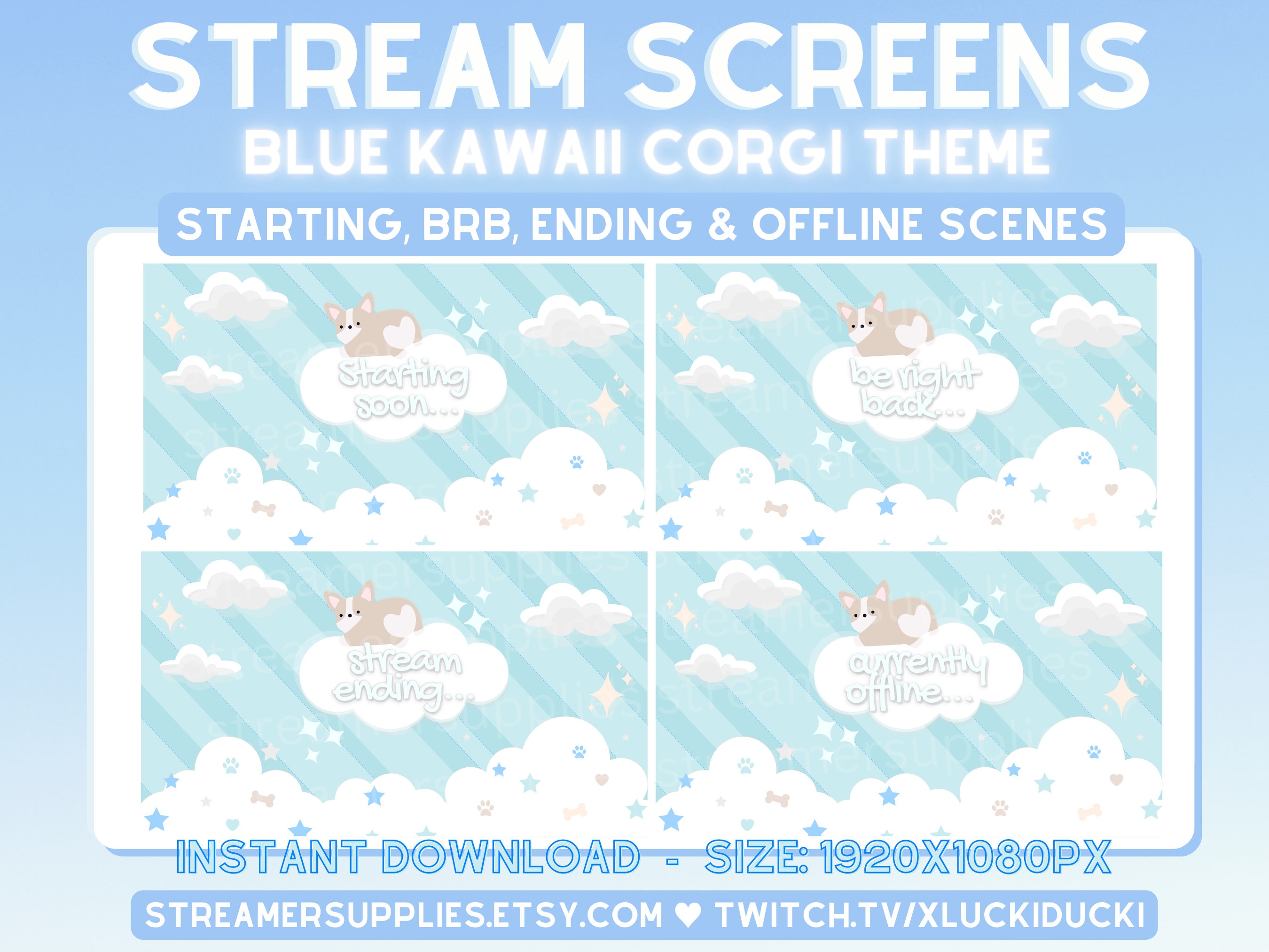 Twitch Overlay Package Kawaii Corgi Twitch Scenes Blue Cute Twitch ...