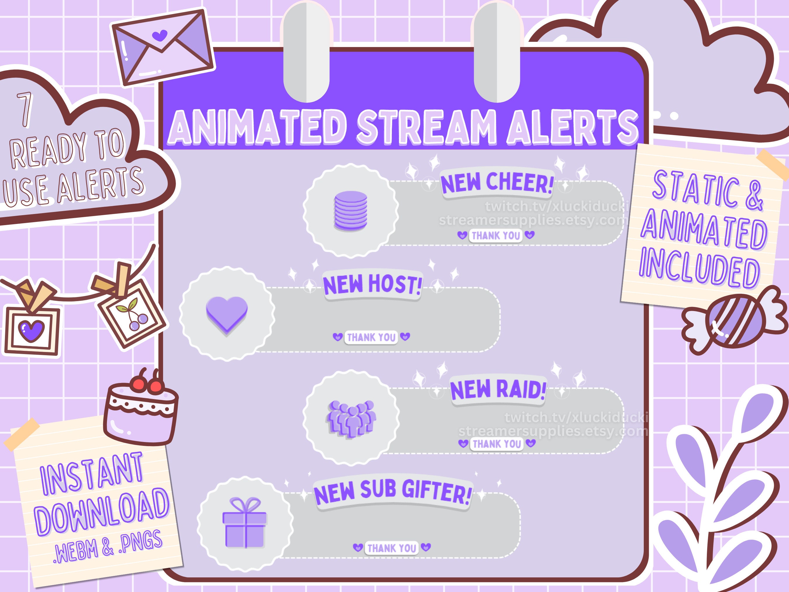 ANIMATED Alerts for Twitch Streamer Aesthetic Stream Alerts Purple ...