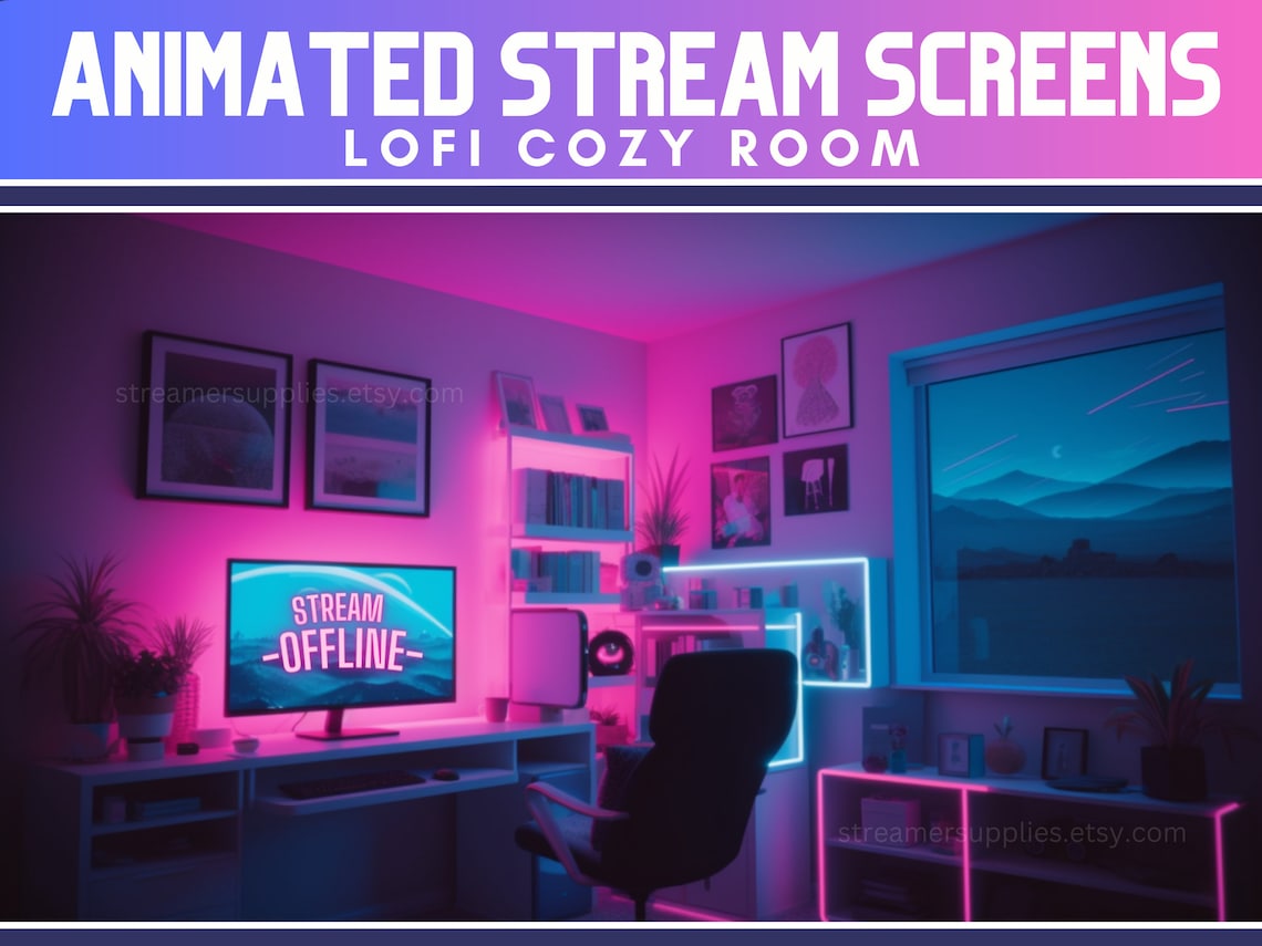 ANIMATED Twitch Scenes Lofi Neon Room Stream Screens Cozy Lofi Desk ...