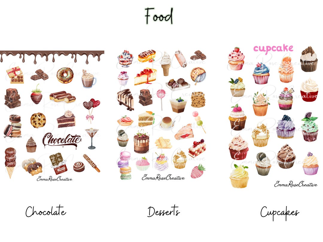 Food Sheet Stickers; Yummy, Chocolate, Cake, Squares, Cupcakes, Dessert ...