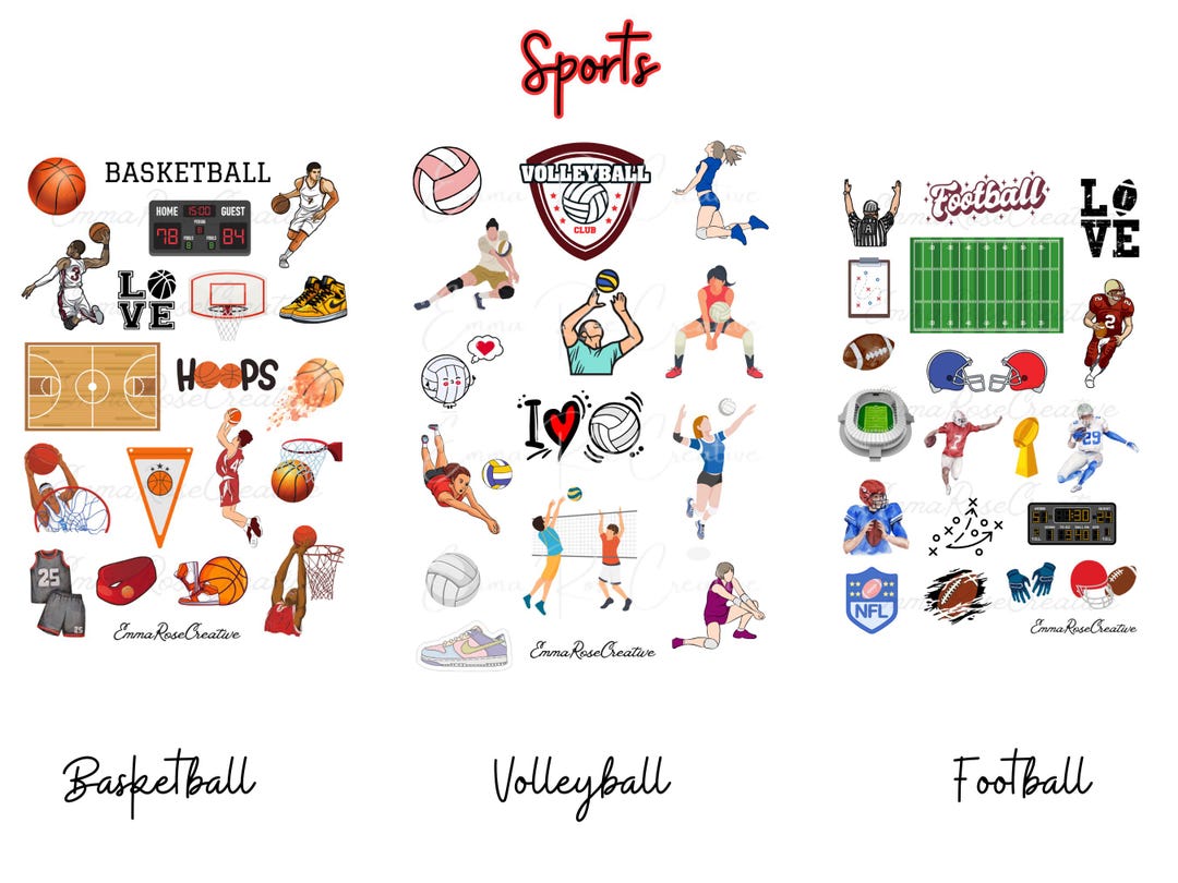 Sports Sheet Stickers; Sports, Touchdown, Volleyball, Basketball ...