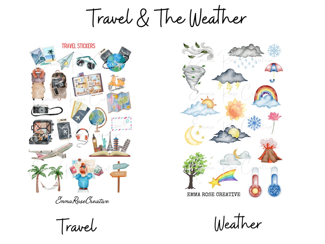 Travel & Weather Sheet Stickers Travel, Flight, Airplane, Hotel, Explore, Wanderlust, Weather ...