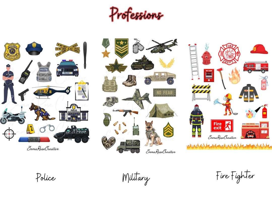 Profession Sheet Stickers: Firefighter, Military, Police, Law, Water ...