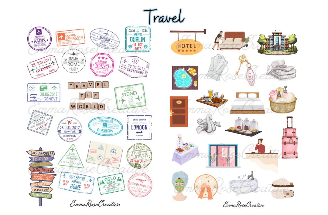 Travel, Sheet Stickers - Stamps, World, Adventure, Hotel, Motel, Room ...