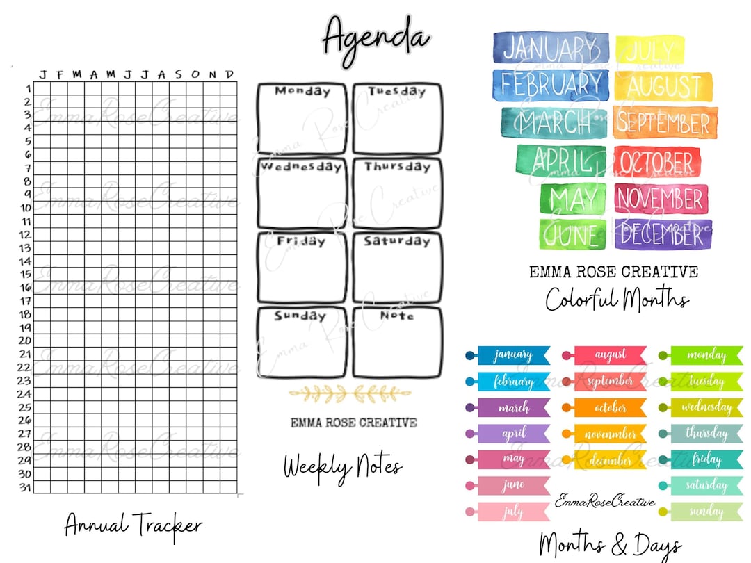Agenda Sheet Stickers - Trackers, Months, Weeks, Headings, Colorful ...