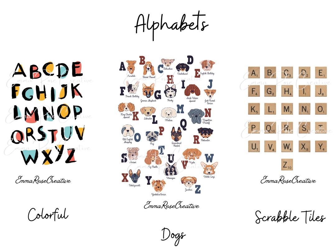 Alphabets Sheet Stickers Colorful, Dogs, Scrabble Tiles, Letters ...