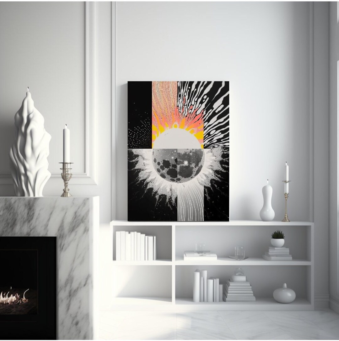 Moon and Sun, Abstract Art, Space Art, Black and White, Star, Split Art ...
