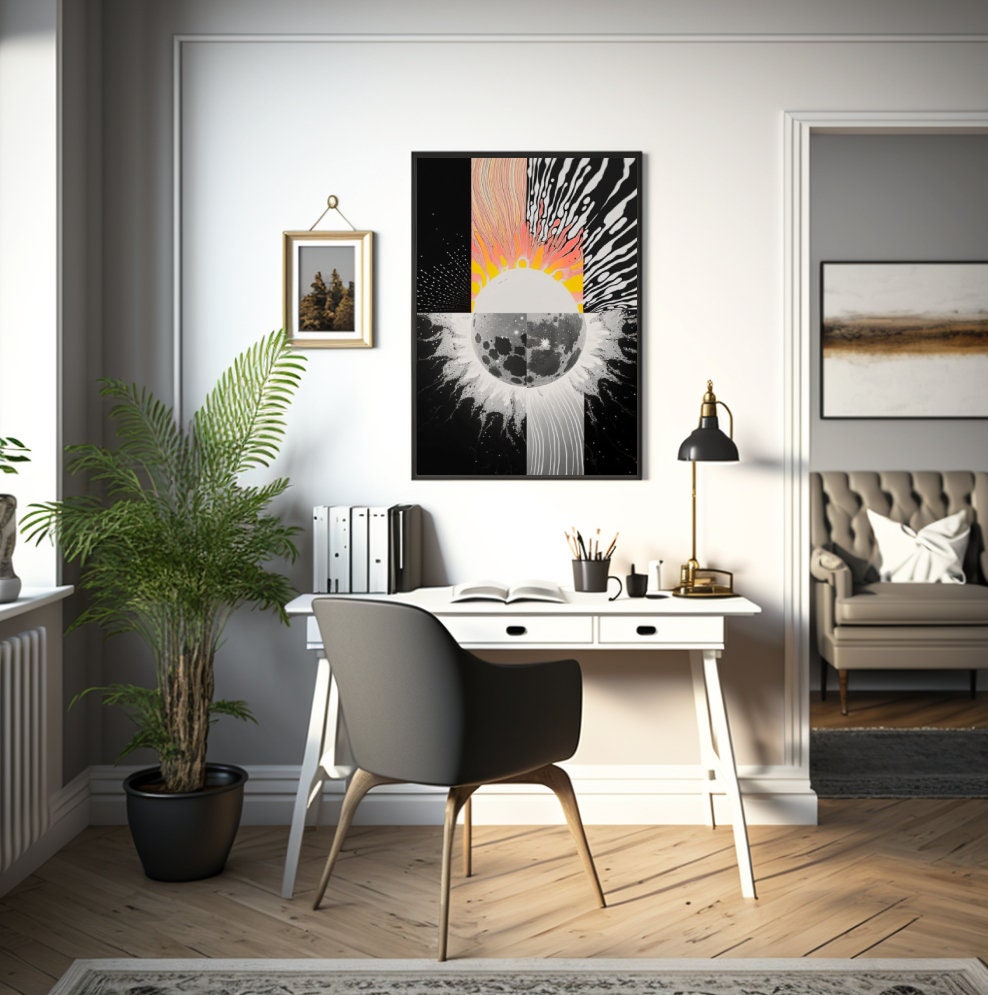 Moon and Sun, Abstract Art, Space Art, Black and White, Star, Split Art ...