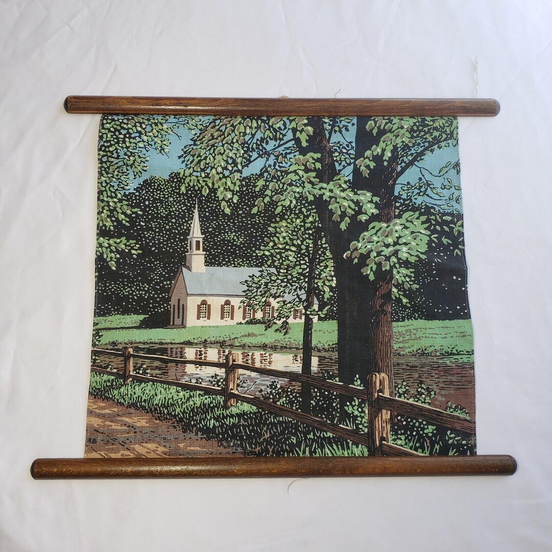 R. Batchelder Church Scene Print on Burlap Linen Kaydee Handprints Wall ...