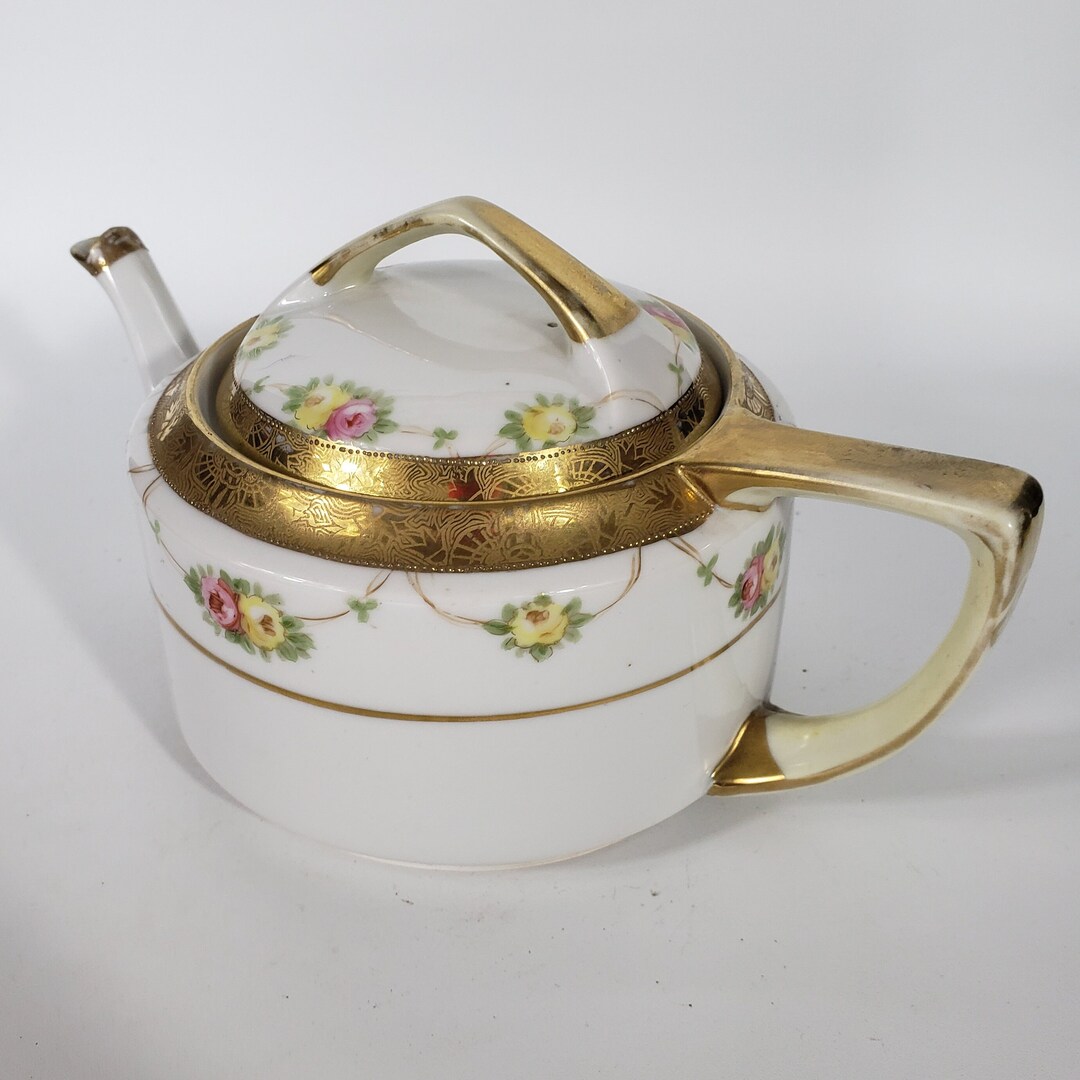 Hand Painted Nippon Teapot Circular Floral Pattern With Gold Guilting 4 ...